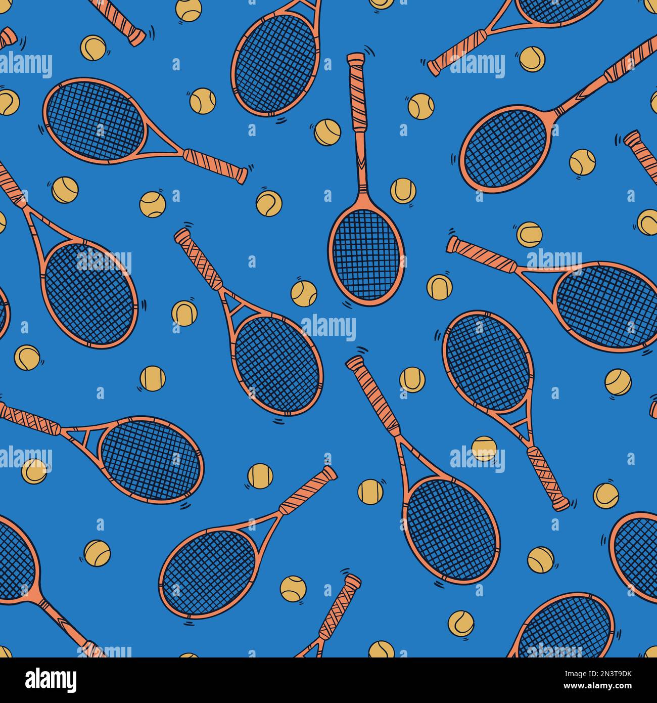 Tennis Racket Doodle Seamless Pattern Cartoon Illustration Vector