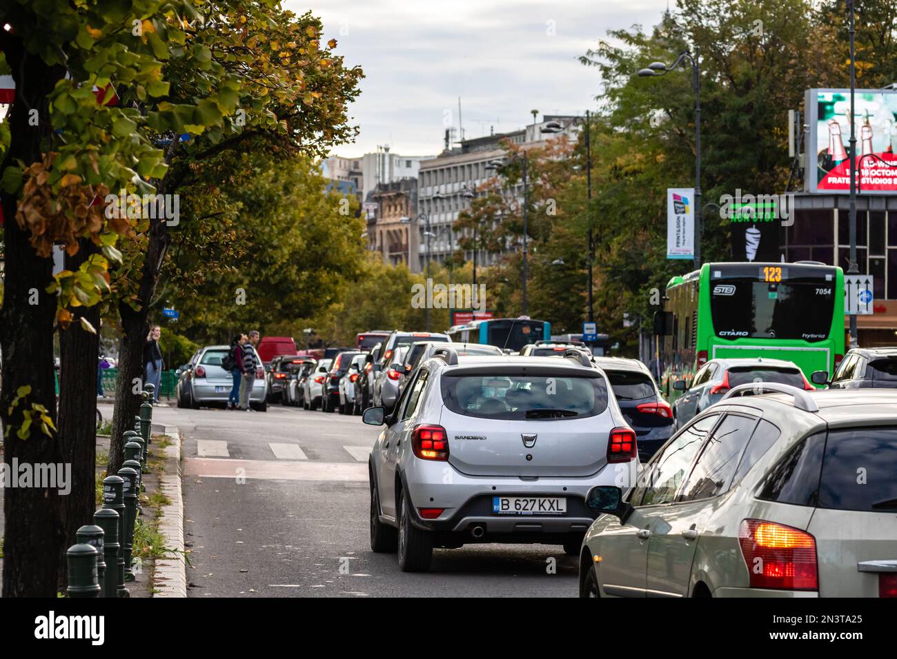 Car traffic at rush hour, car pollution, traffic jam in Bucharest ...