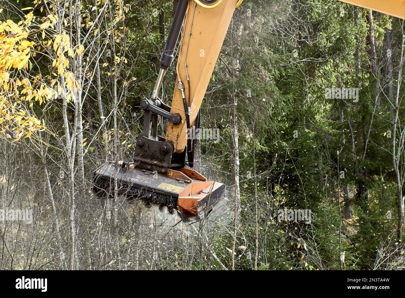 Mulching head on boom of an excavator clearing vegetation from side of ...