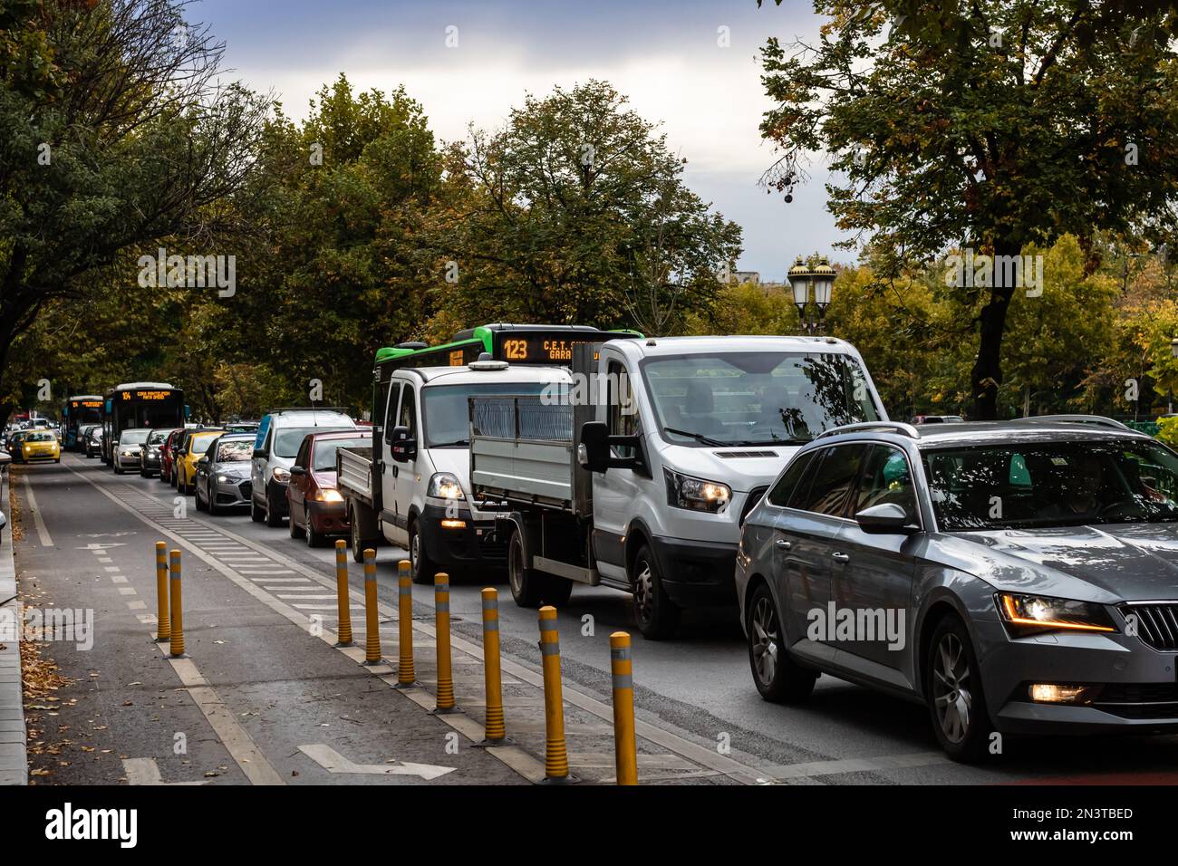 Car traffic at rush hour, car pollution, traffic jam in Bucharest ...