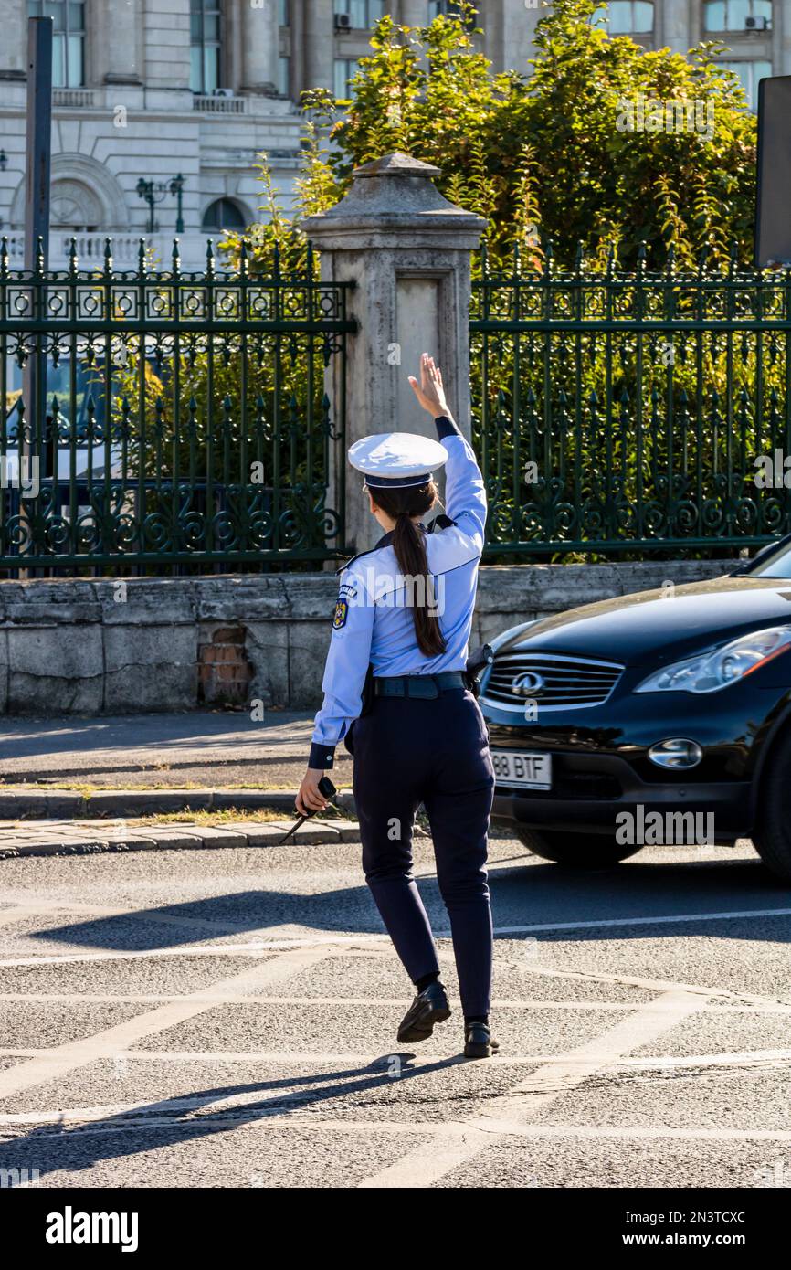 Police agent, Romanian Traffic Police (Politia Rutiera) directing ...