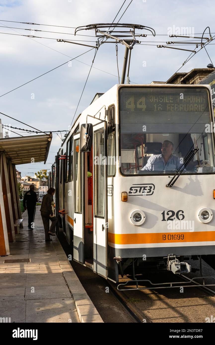 Tram in traffic. Public transport Bucharest, Romania, 2022 Stock Photo ...