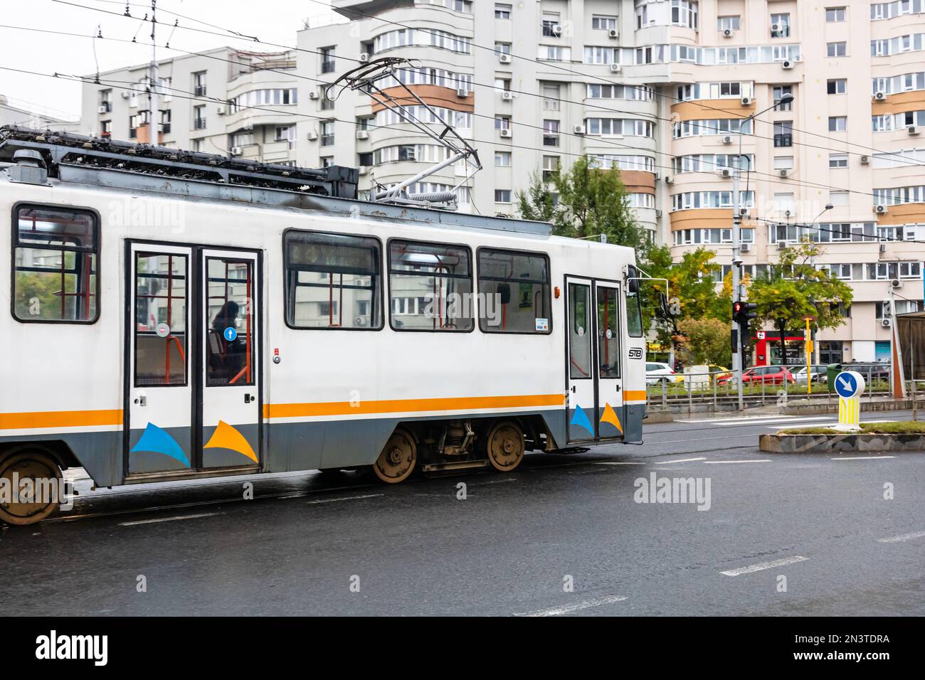 Tram in traffic. Public transport Bucharest, Romania, 2022 Stock Photo ...