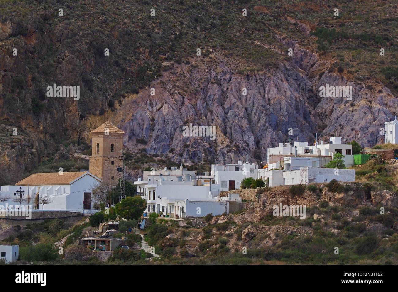 Mountain village Huebro with church, Andalusian village, white village ...