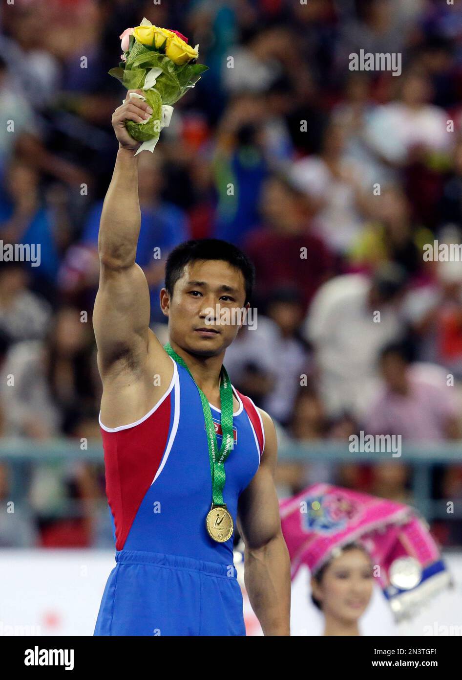Gold Medalist Ri Se Gwang of North Korea celebrates on podium during ...