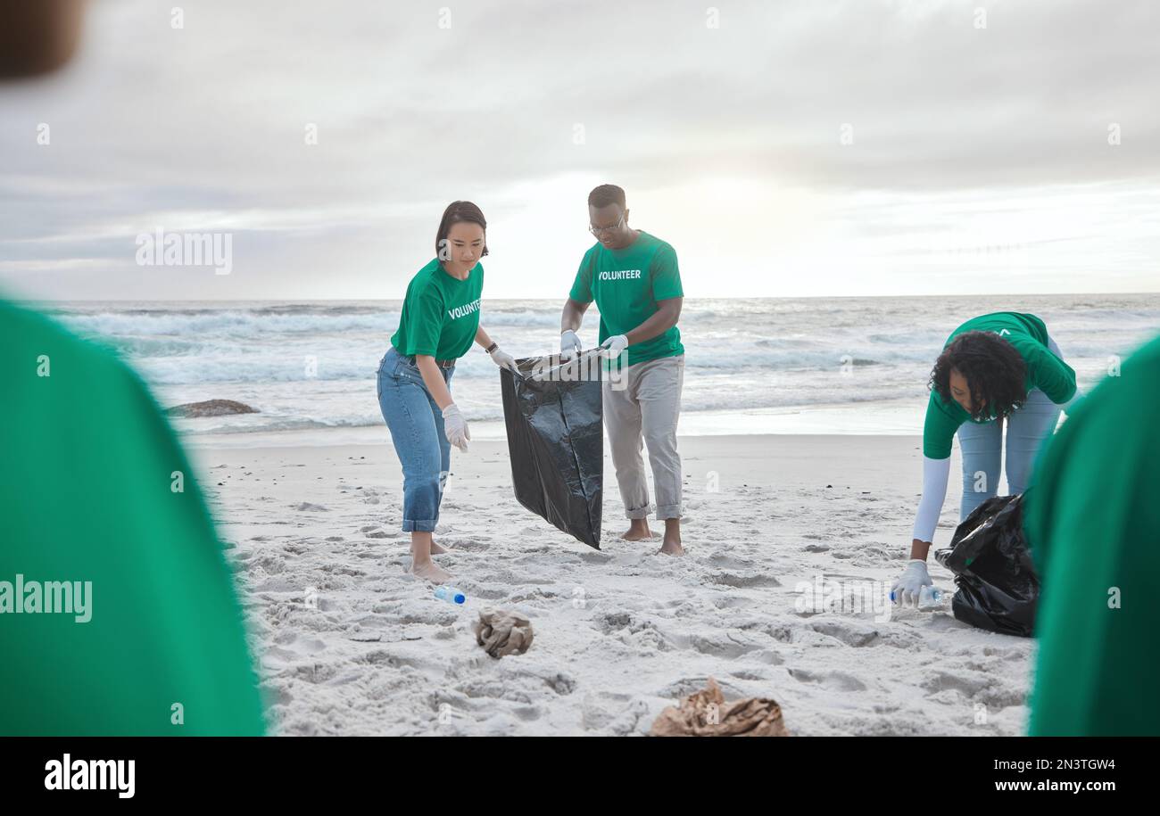 Teamwork, charity and recycling with people on beach for sustainability ...