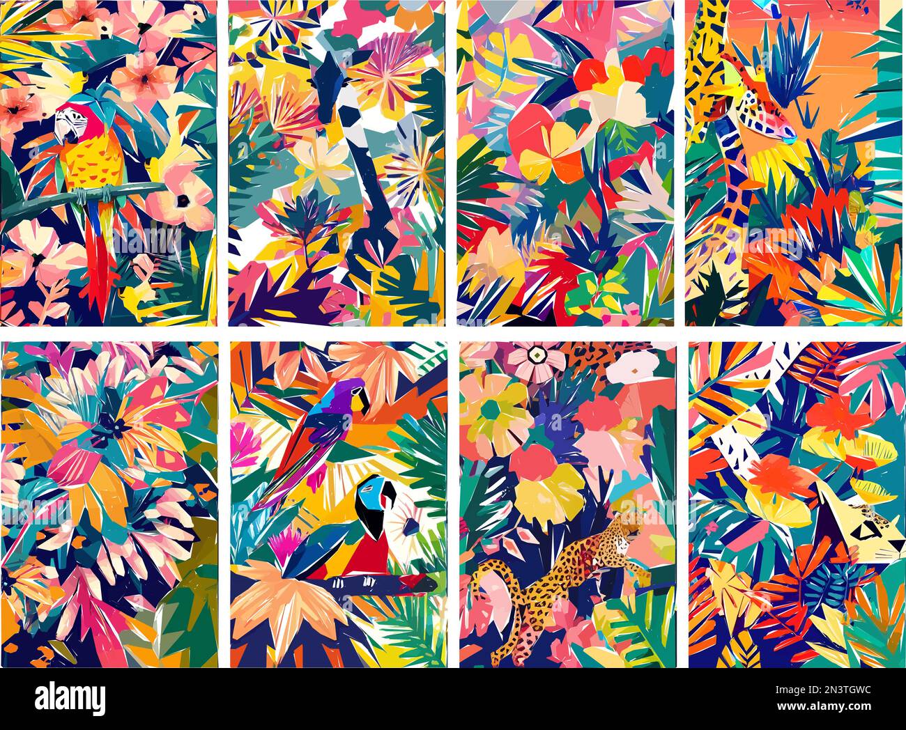 Colorful Safari Jungle with tropical leaves, animals, birds and exotic ...