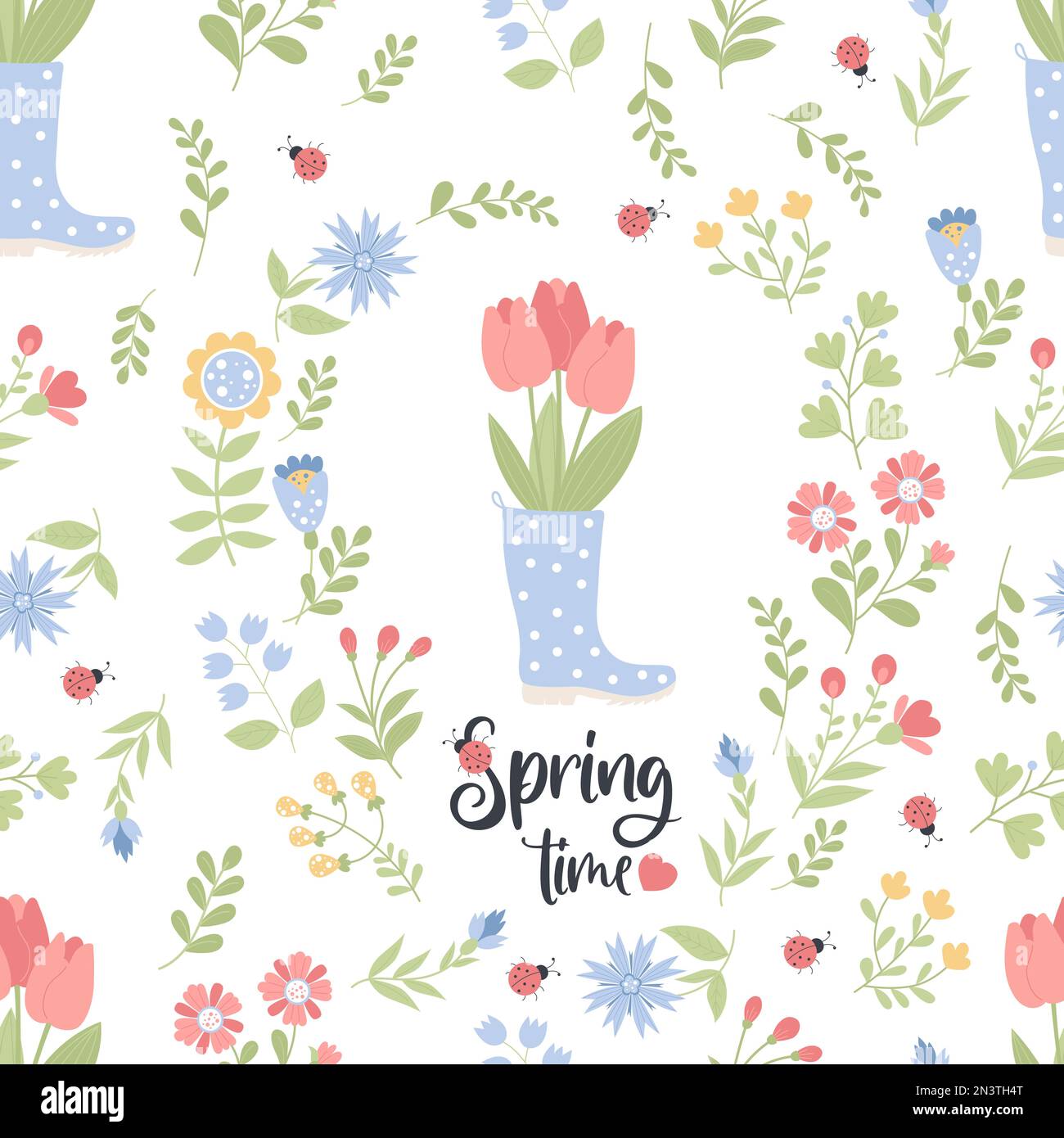 Spring time. Floral seamless pattern. Bouquet of tulips in rubber boot ...