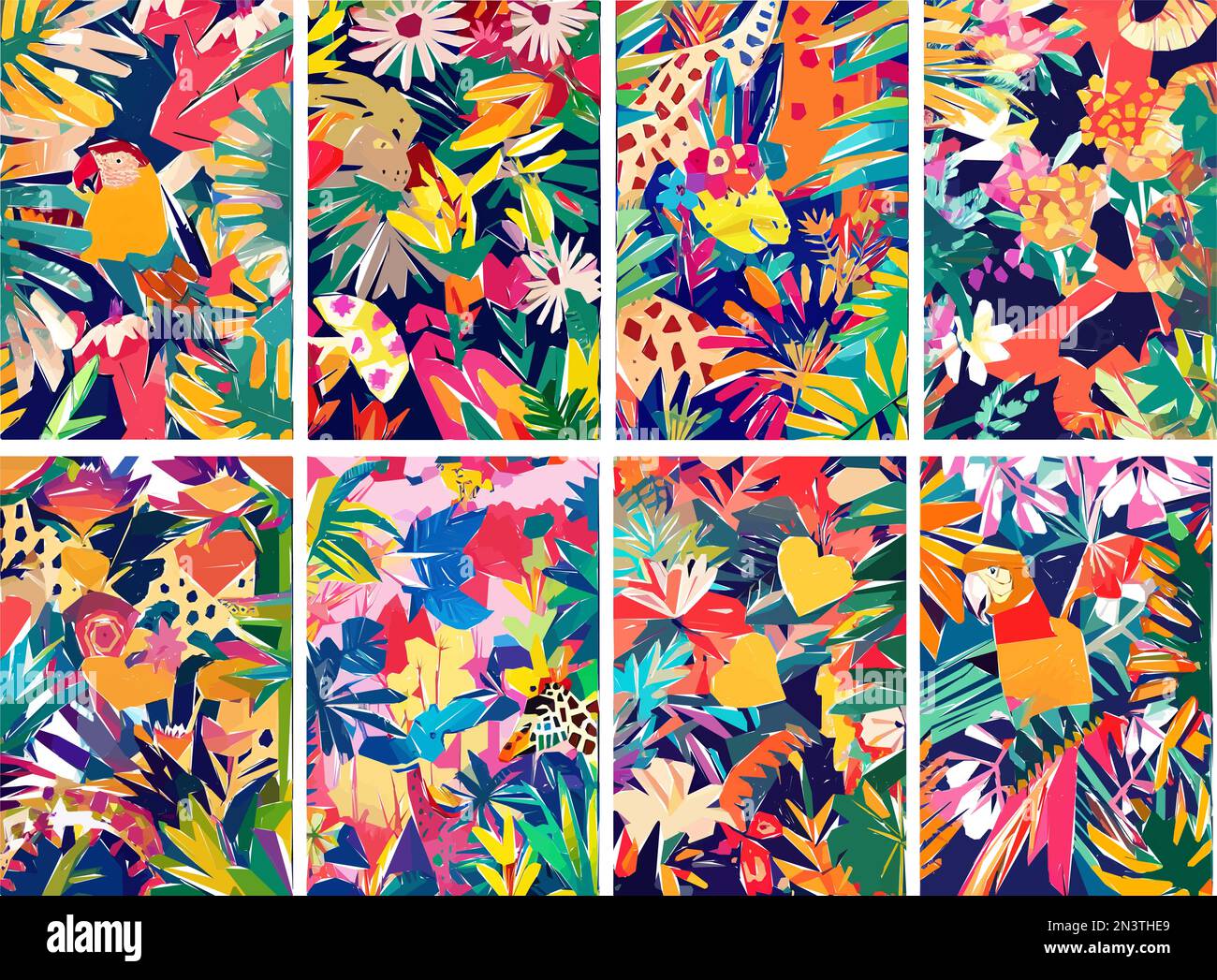 Colorful Safari Jungle with tropical leaves, animals, birds and exotic ...