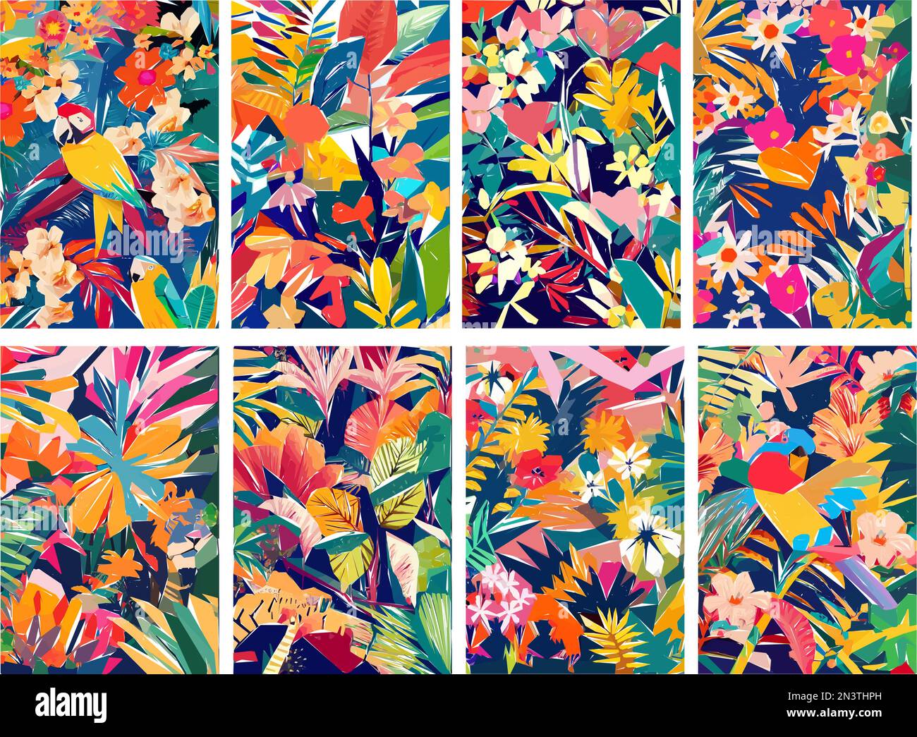 Colorful Safari Jungle with tropical leaves, animals, birds and exotic ...