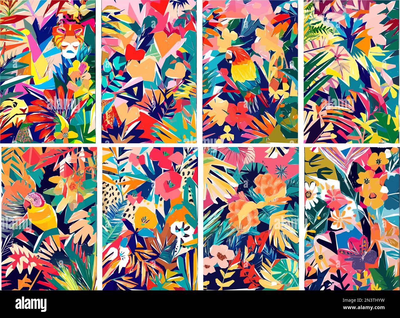 Colorful Safari Jungle with tropical leaves, animals, birds and exotic ...