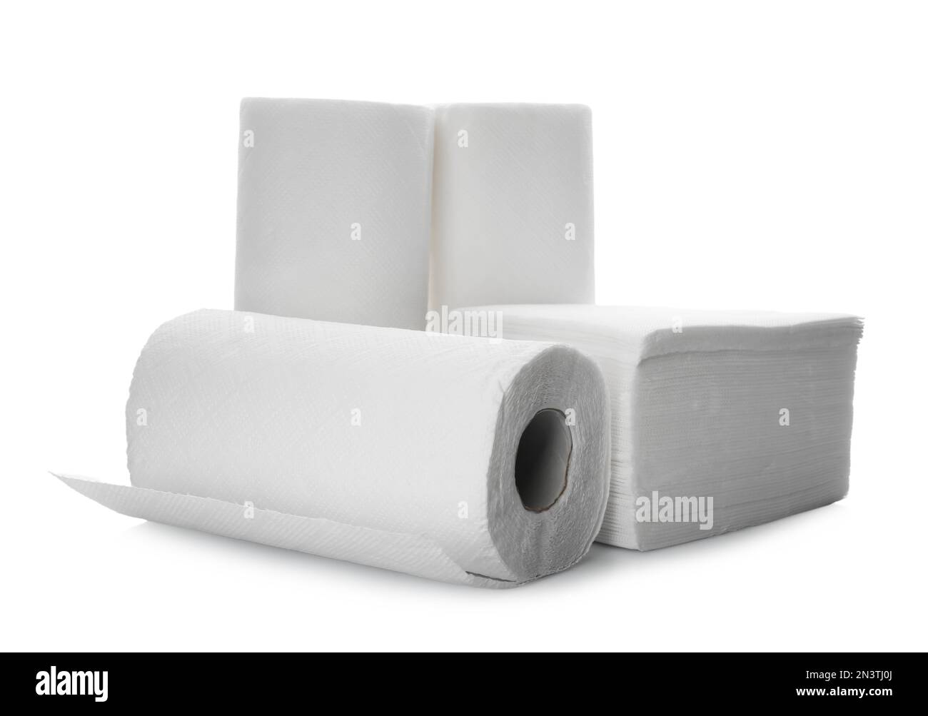 Rolls and stack of clean paper tissues on white background Stock Photo ...
