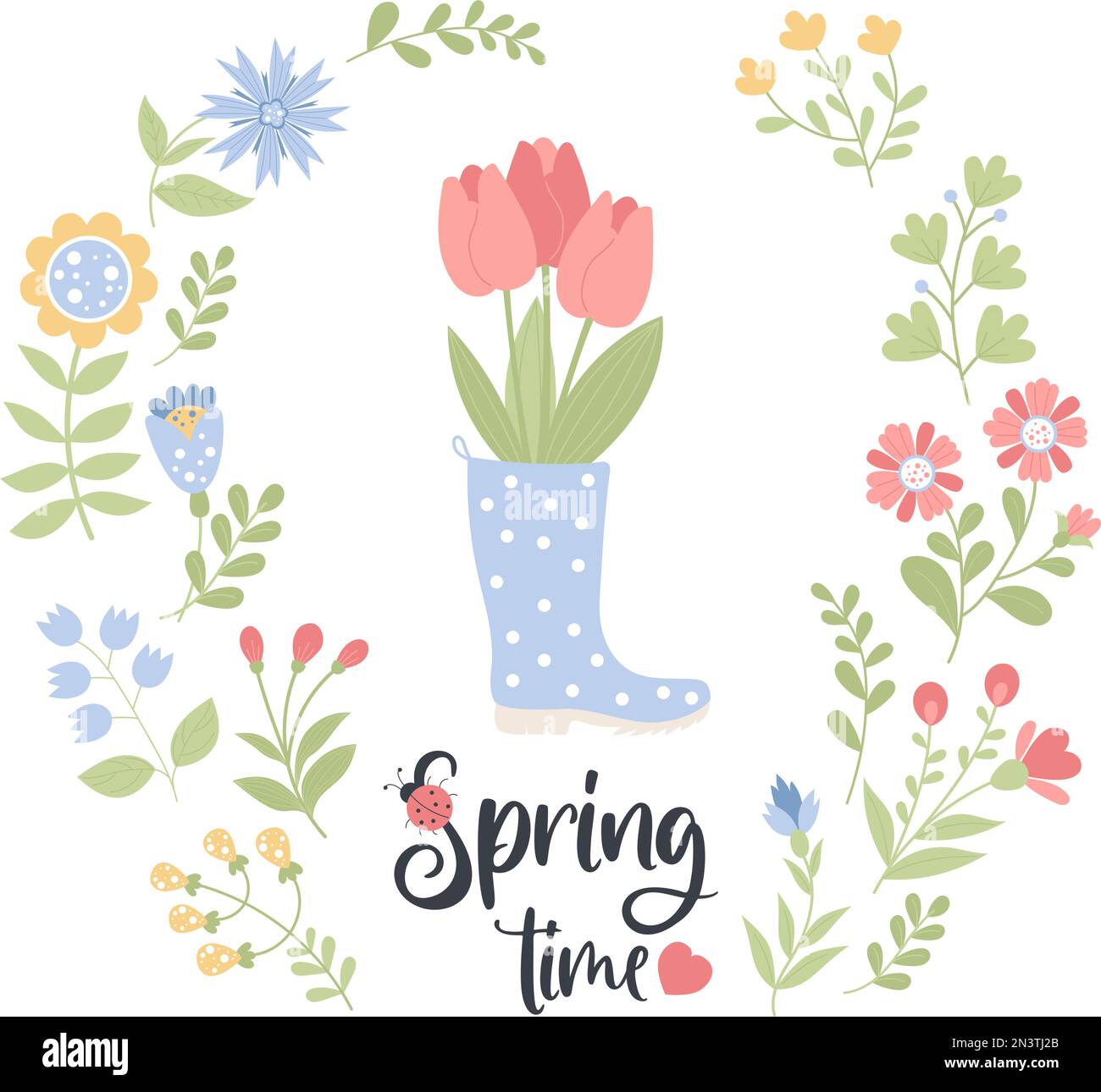 Spring time flower collection. Bouquet of tulips in rubber boot and ...