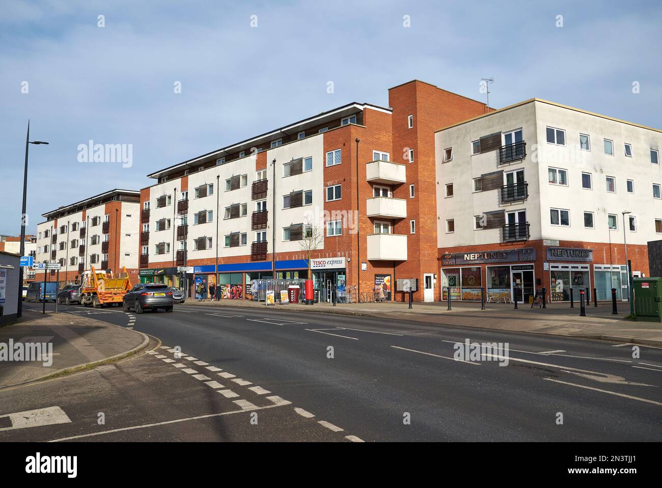 Apartment building with shops below in Ipswich, Suffolk, UK Stock Photo ...