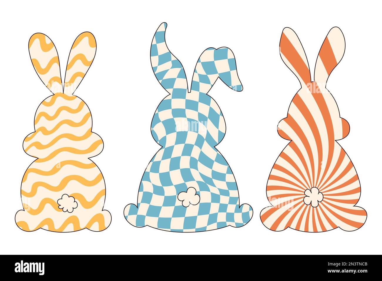 Groovy hippie Happy Easter. Set of Easter bunnies with patterns in ...