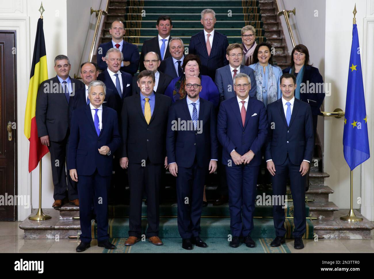 Belgium's Prime Minister Charles Michel, center front row, poses with ...