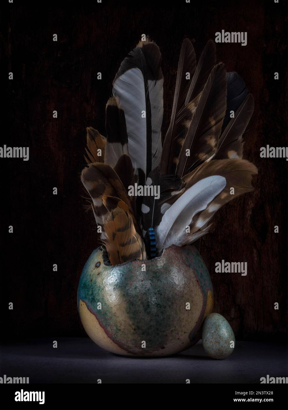 Still Life with Various Feathers of Native Birds in Ceramic Vase Next ...