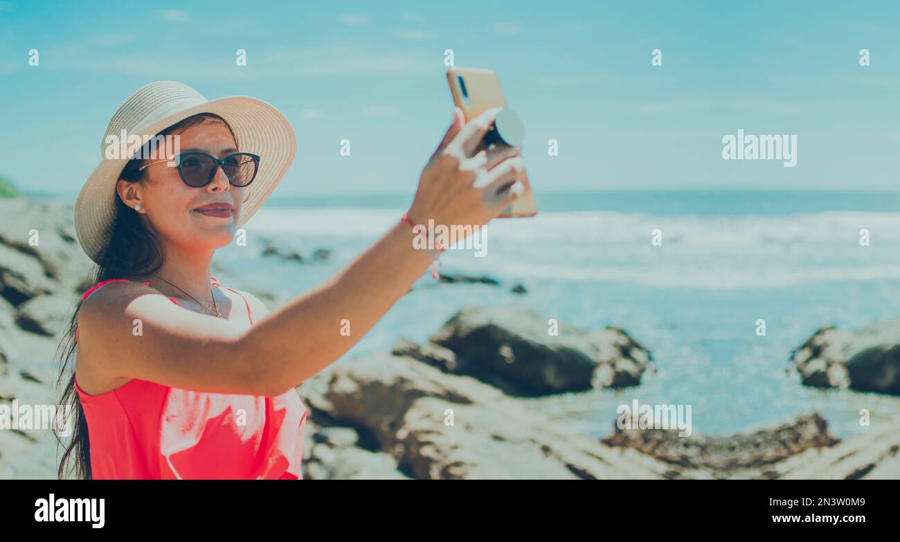 Hat Woman Taking Photos At Sea Latin Girl Taking Vacation Photos Rear