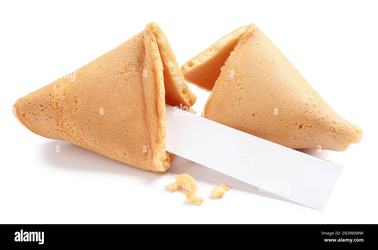 Cracked traditional fortune cookie with prediction on white background ...
