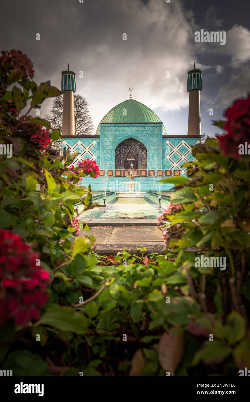 View between flowers at a mosque, Islamic Centre of Hamburg, Germany ...