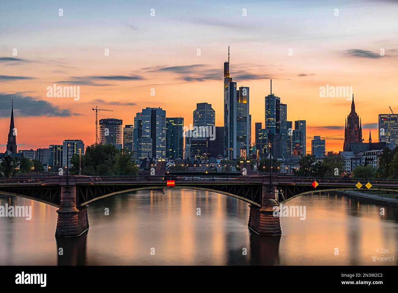 View from the Floeserbruecke over the river Main, the Ignatz-Bubis ...