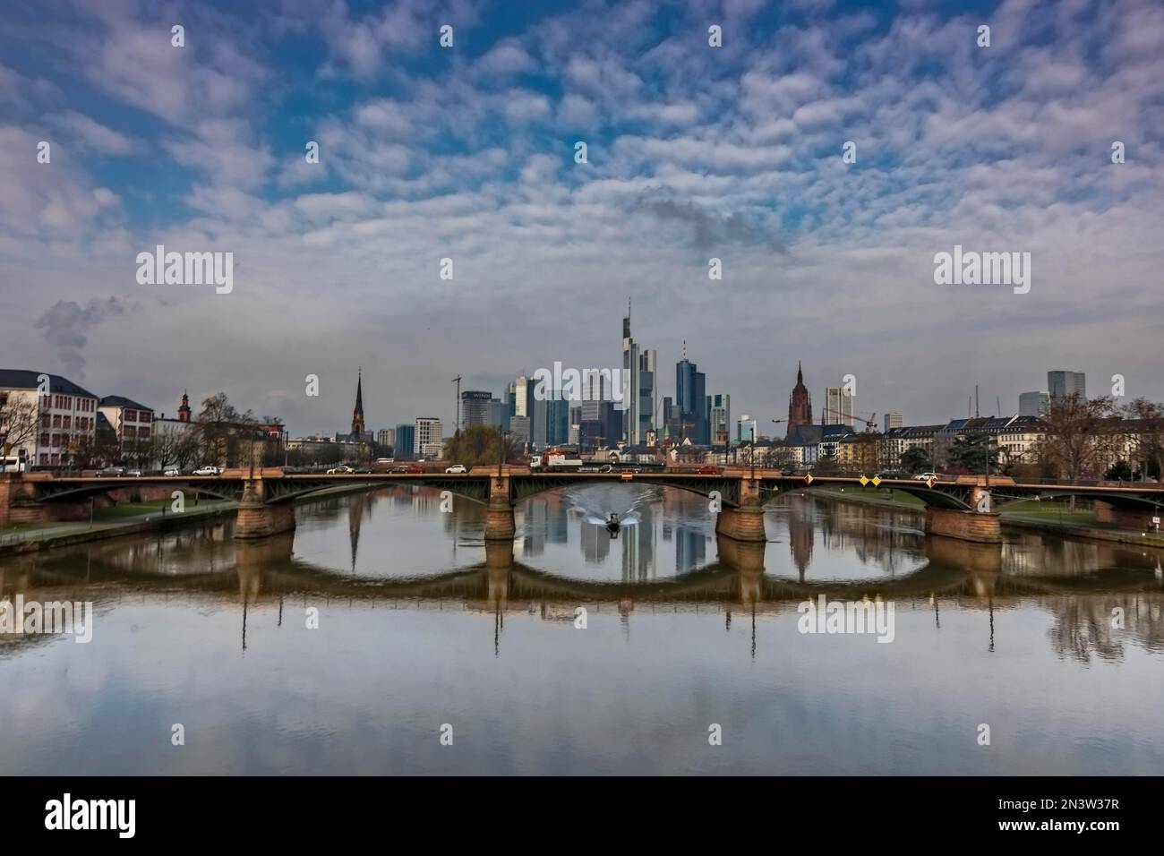 View from the Floeserbruecke over the river Main, the Ignatz-Bubis ...