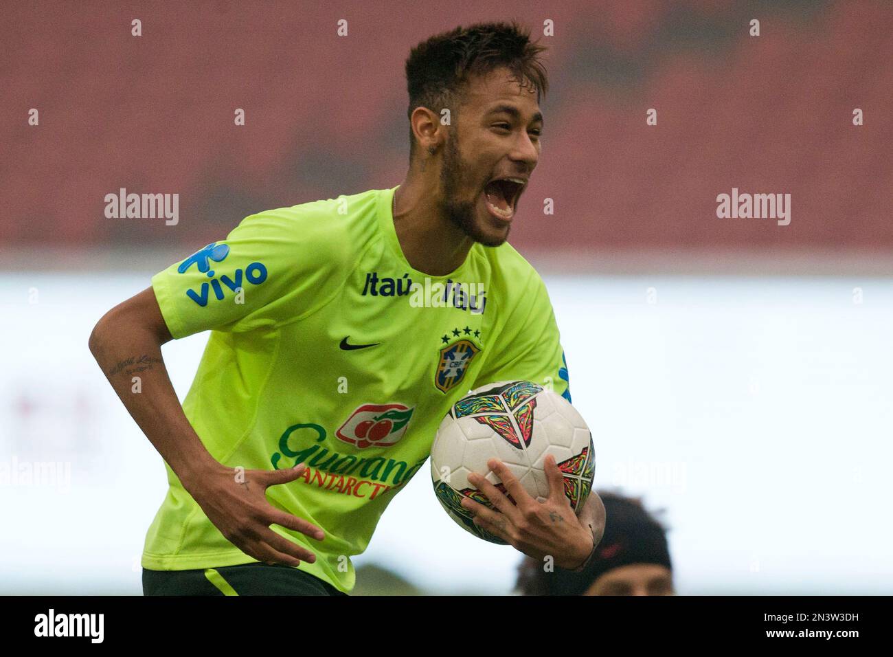 Brazilian soccer star Neymar reacts as his teammate score during ...