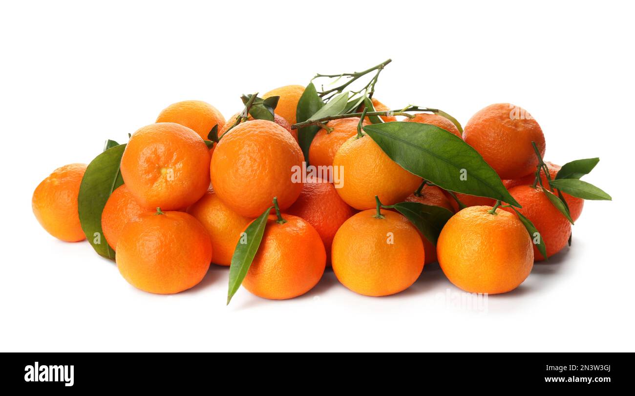 Fresh ripe tangerines with green leaves on white background Stock Photo ...