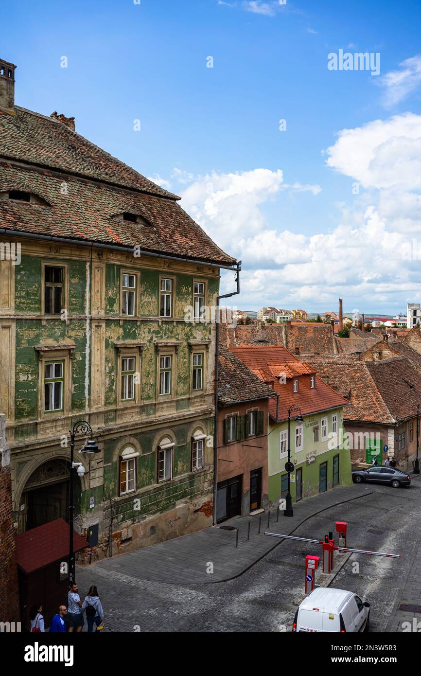 traditional colorful old houses and arquitecture in Sibiu, Romania ...