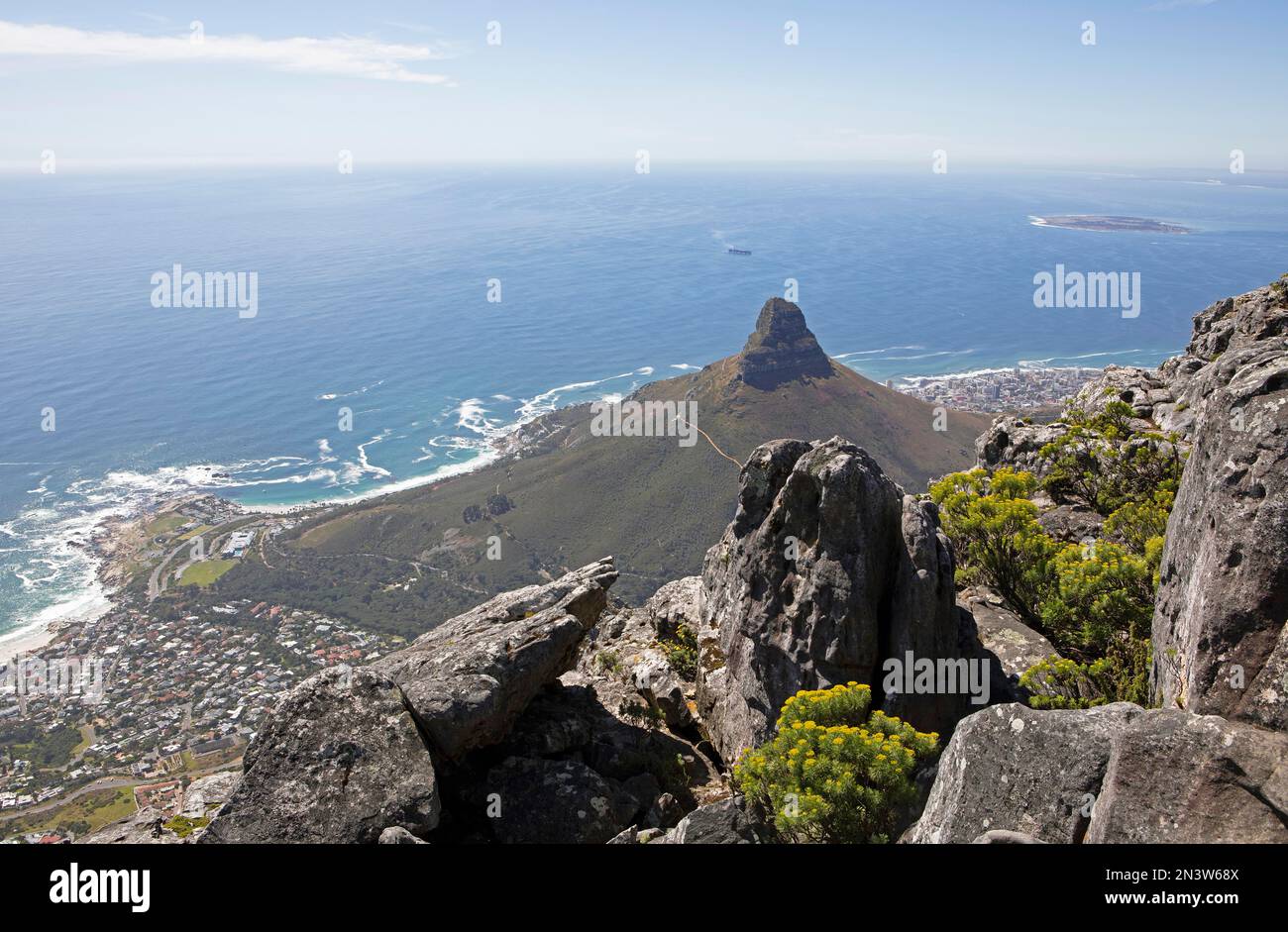 Lions Head from Table Mountain, Camps Bay on the left, bird's eye view ...