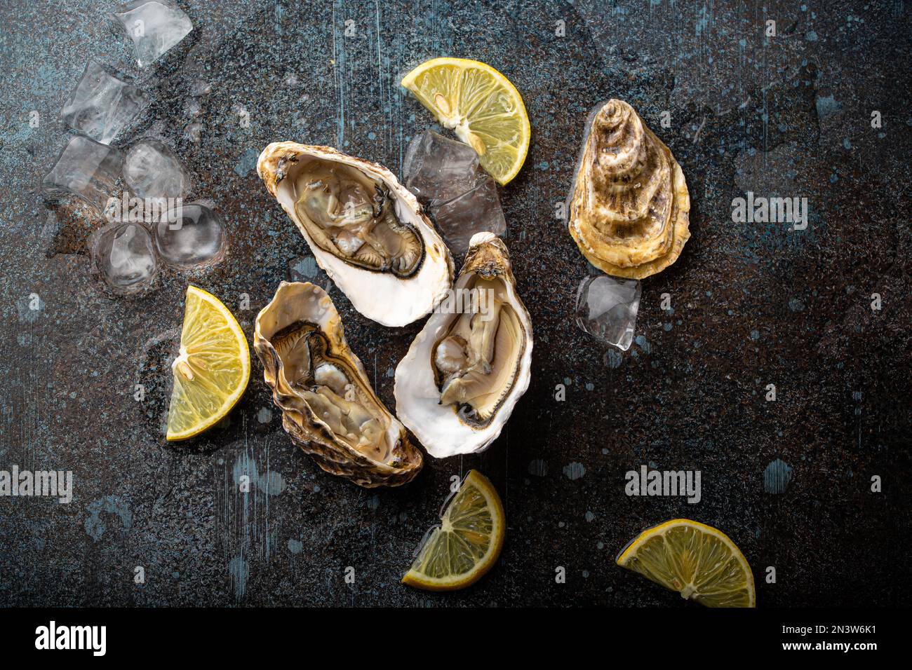 Fresh open oysters served with lemon wedges and ice cubes on rustic ...