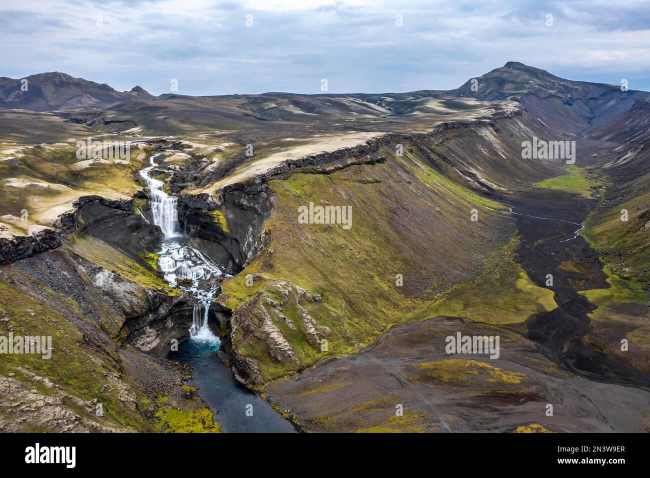 Aerial view, Ofaerufossar, two waterfalls, Eldgja fire gorge, Icelandic ...