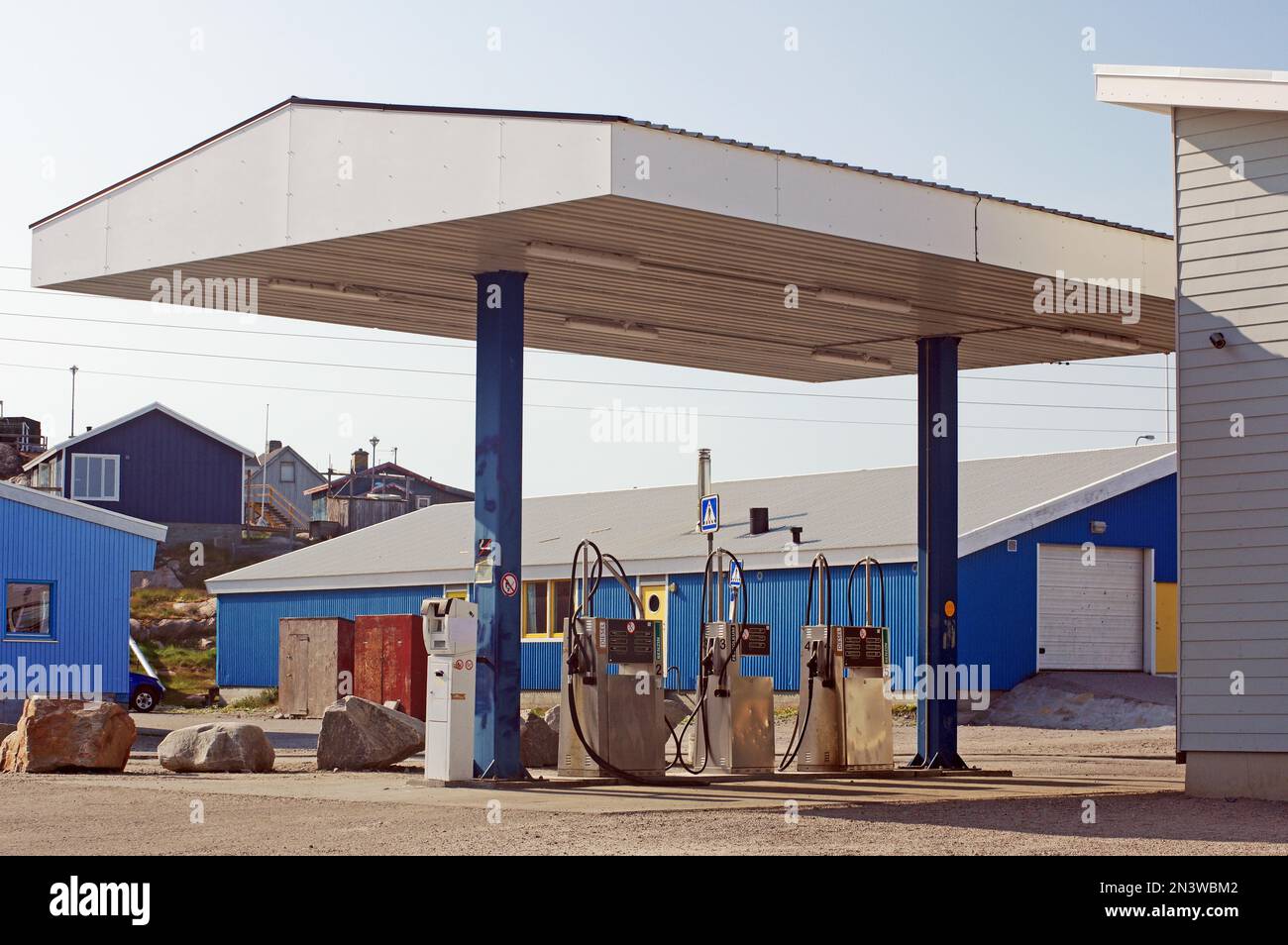 Simple covered petrol station, garages, Ilulissat, Arctic, Greenland ...