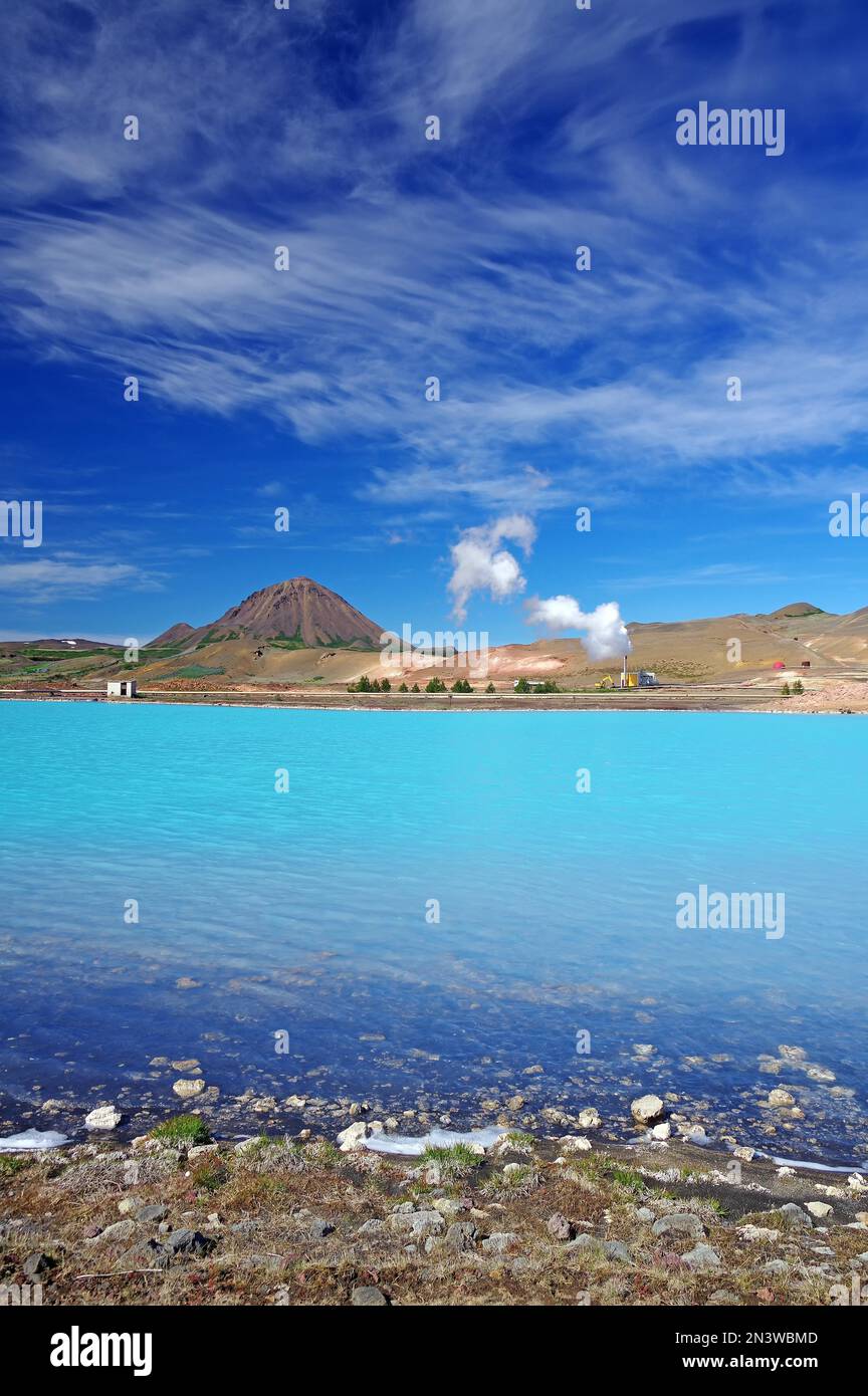 Geothermal lake and steam of a diatomaceous earth plant, volcano ...