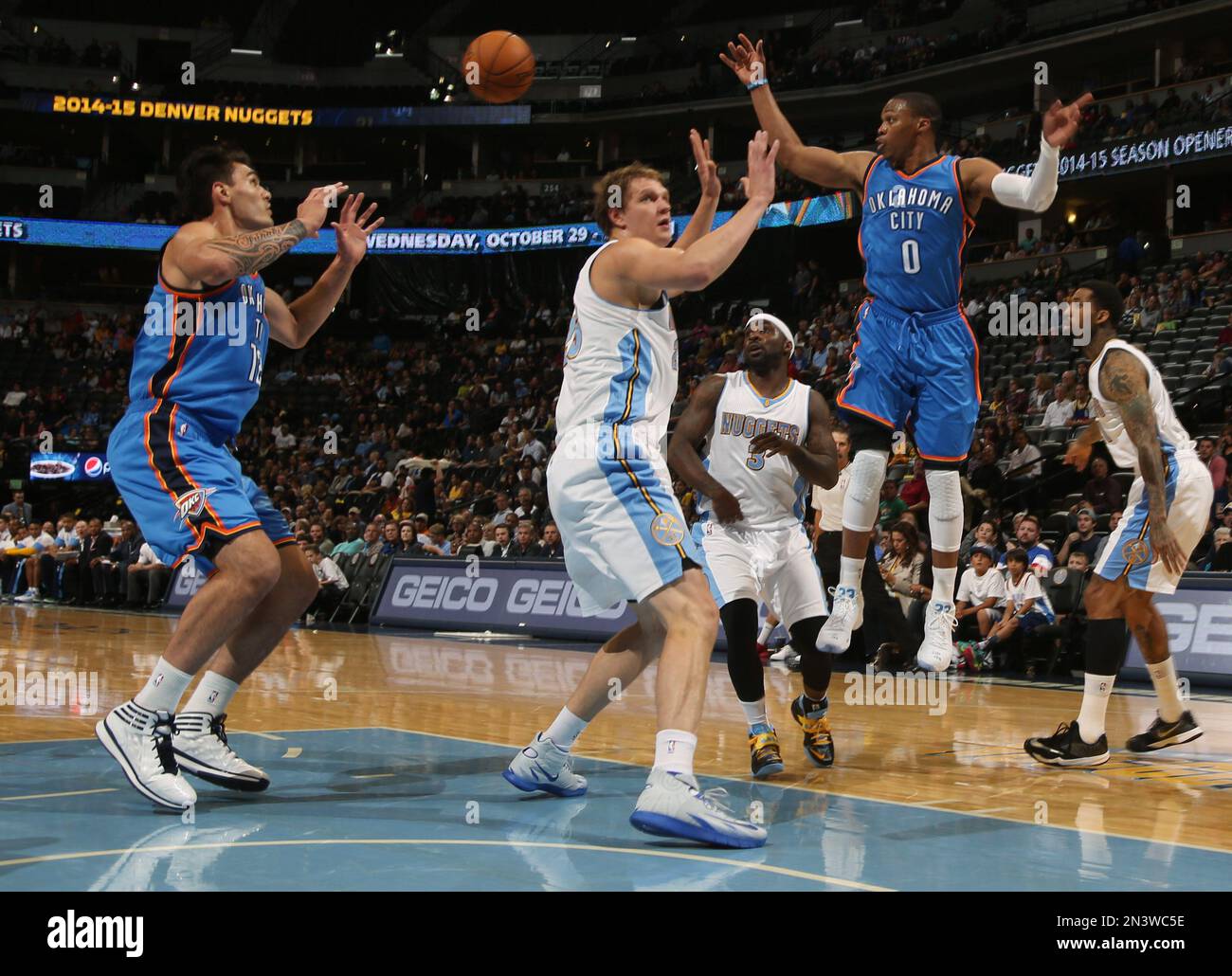 From right, Oklahoma City Thunder guard Russell Westbrook passes ball ...