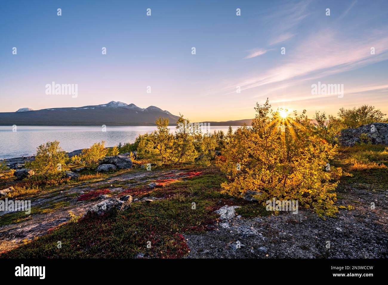 Autumnal fell landscape with lake Akkajaure and mountain range Akka ...