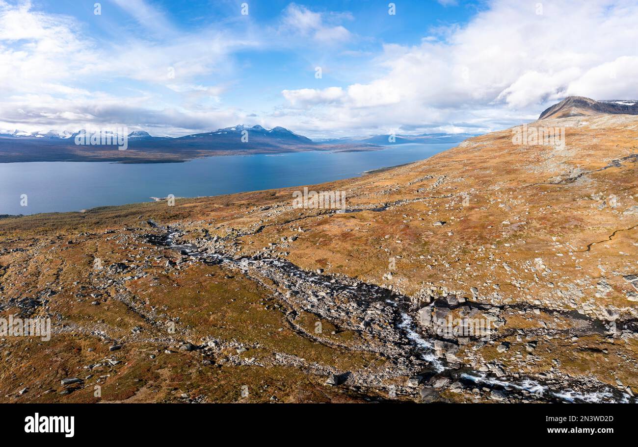 Autumnal fell landscape with a view of the lake Akkajaure and the ...