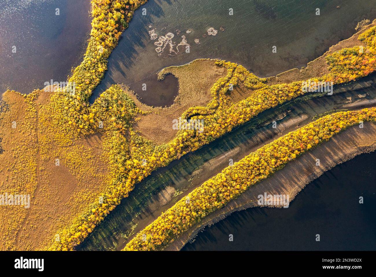 River landscape from the air, close-up, course of the Visttasjohka ...