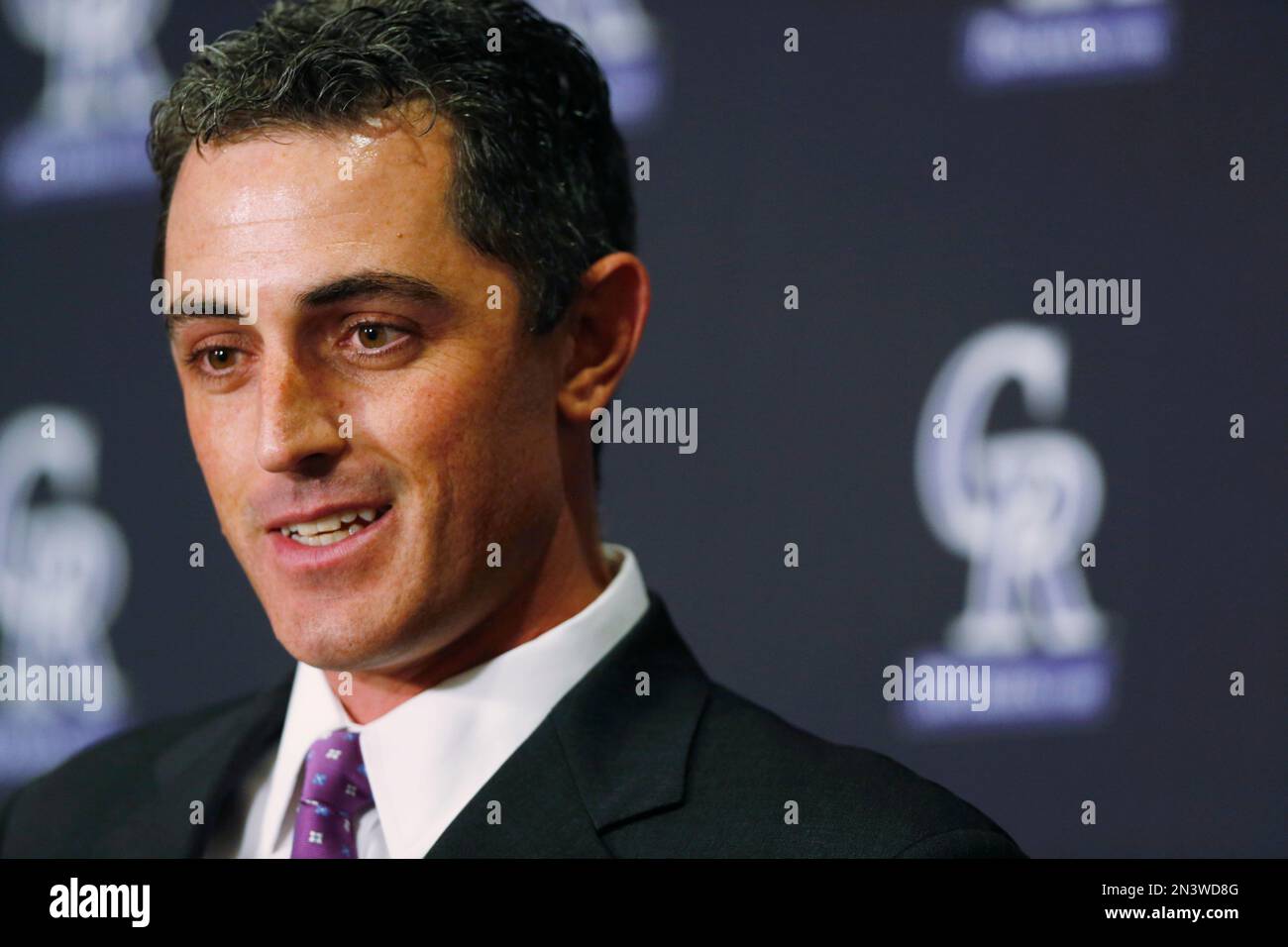 Colorado Rockies new general manager Jeff Bridich talks to reporters ...