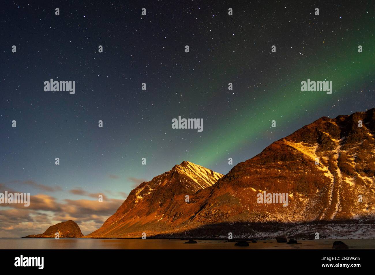 Northern lights (Aurora borealis) in winter Scandinavian landscape, sea ...