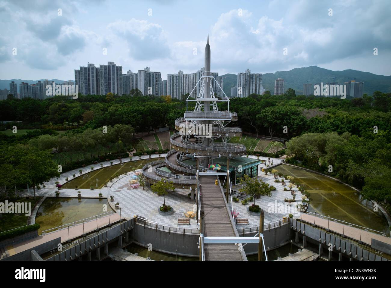 An aerial view of the famous spiral Lookout Tower of Tai Po waterfront ...