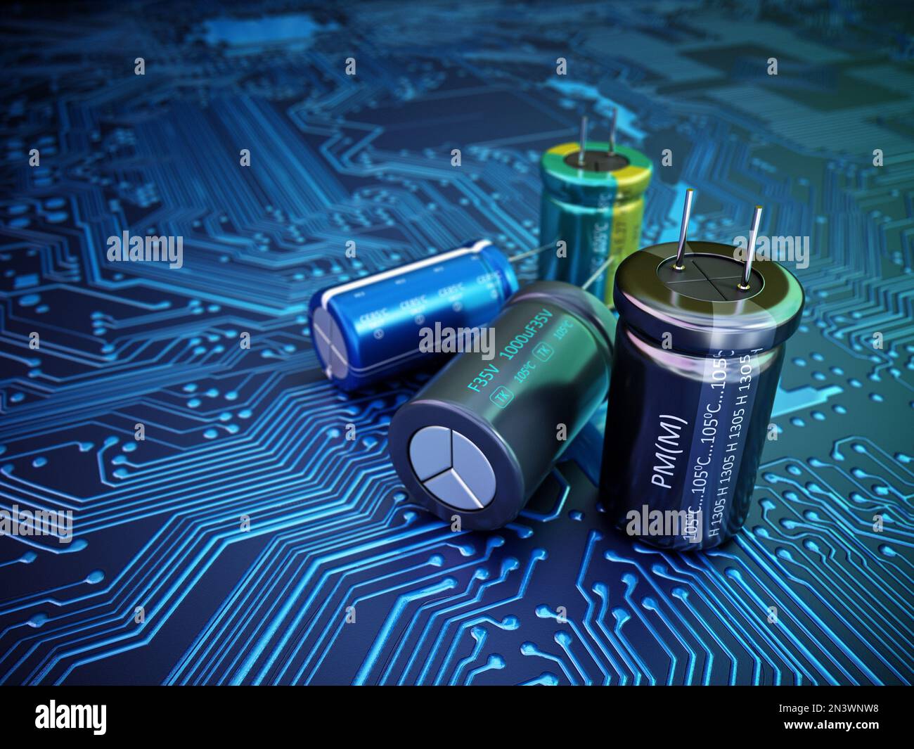 Various capacitors standing on the green-blue PCB. 3D illustration ...