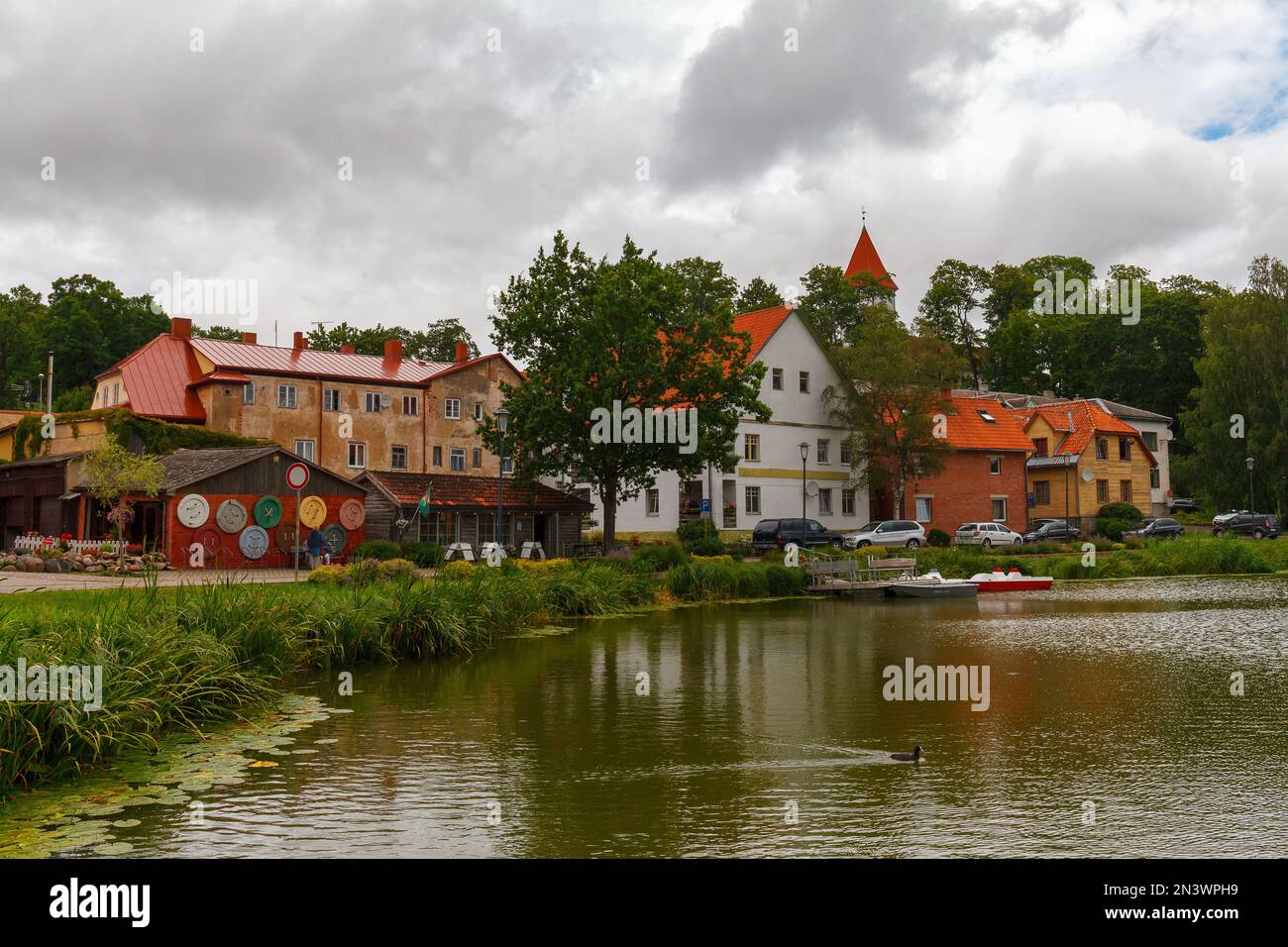 TALSI, LATVIA, SEPTEMBER 10, 2022: Colorful old town houses and church ...