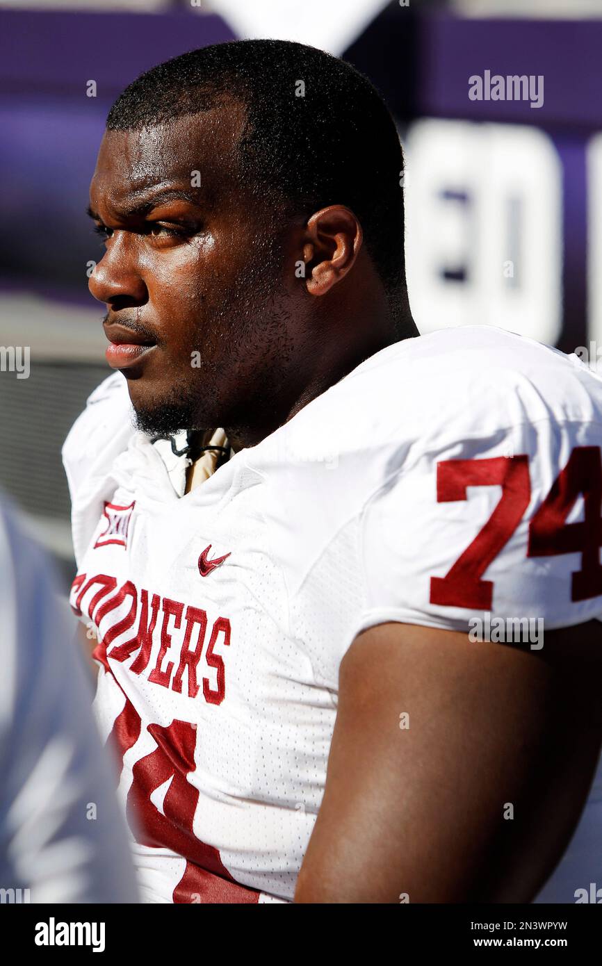 Oklahoma guard Adam Shead (74) looks on from the sidelines during the ...