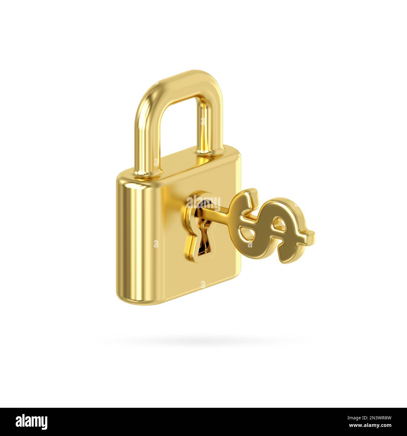 Gold metal locked padlock icon. Golden key with a dollar sign inserted ...