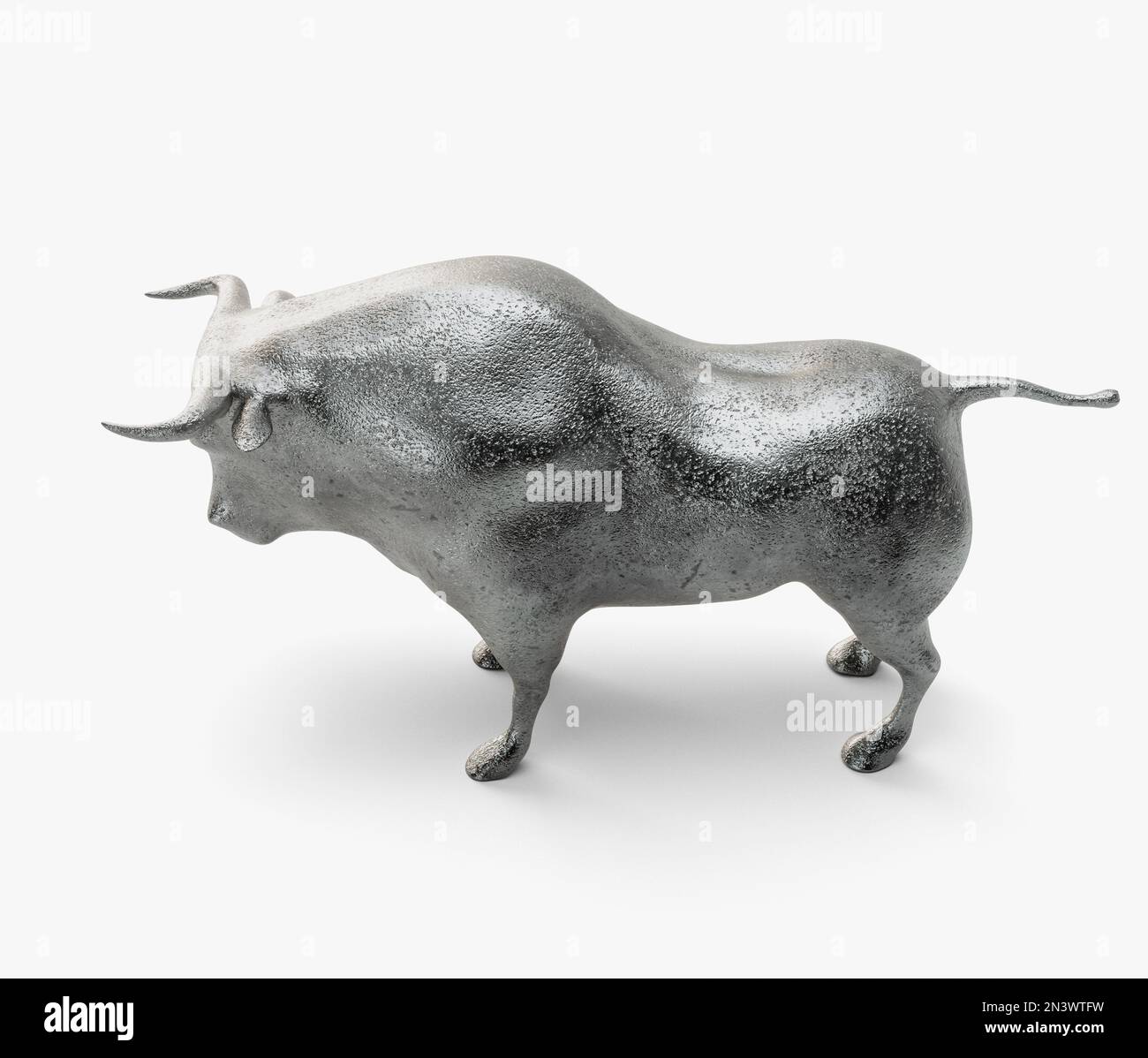 A token statuette depicting a silver bull on an isolated dark ...