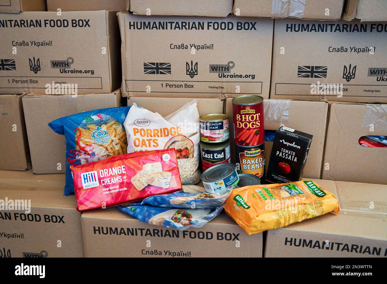 paper box with humanitarian aid to Ukraine from UK. Dnipro, Ukraine ...