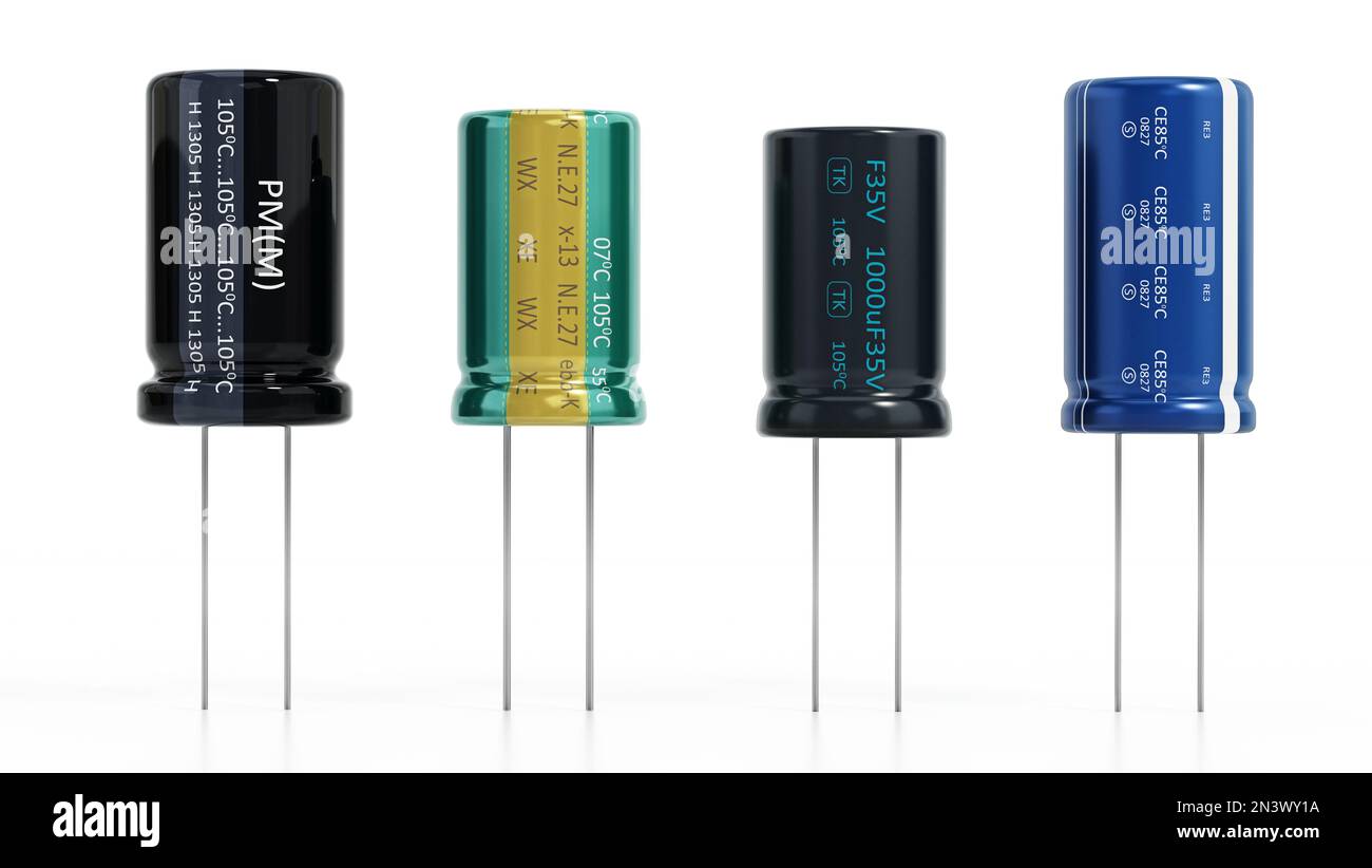 Various capacitors isolated on white background. 3D illustration Stock Photo - Alamy