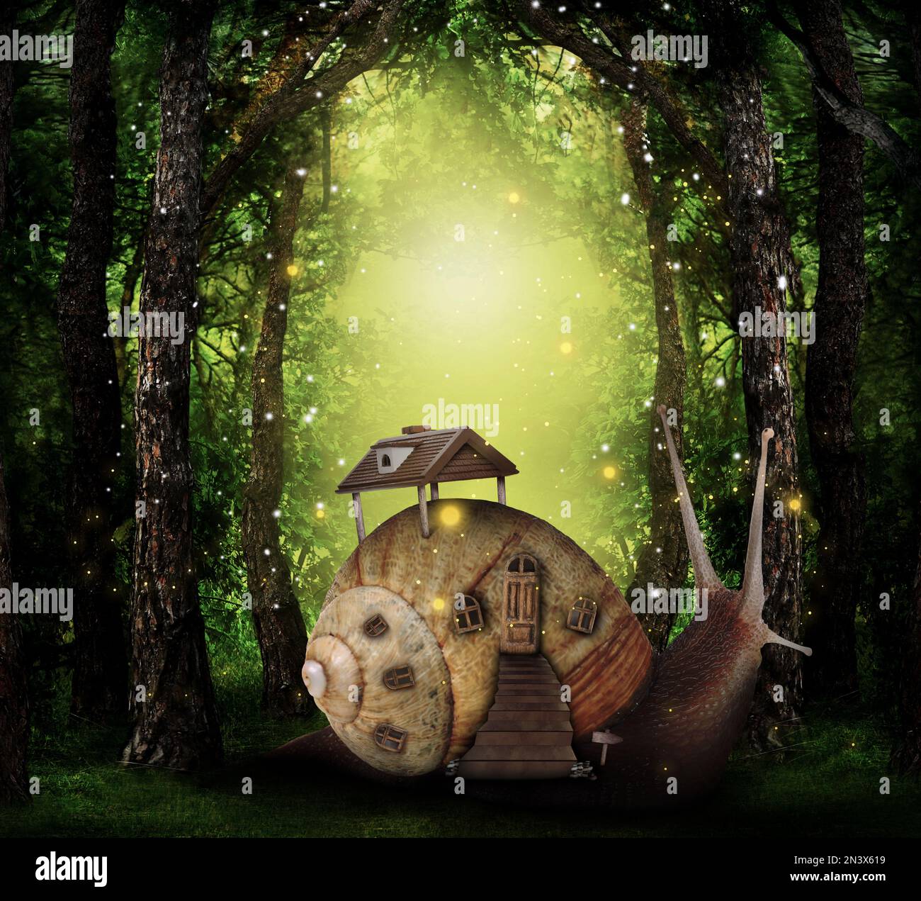 Fantasy world. Magic snail with its shell house moving in beautiful ...