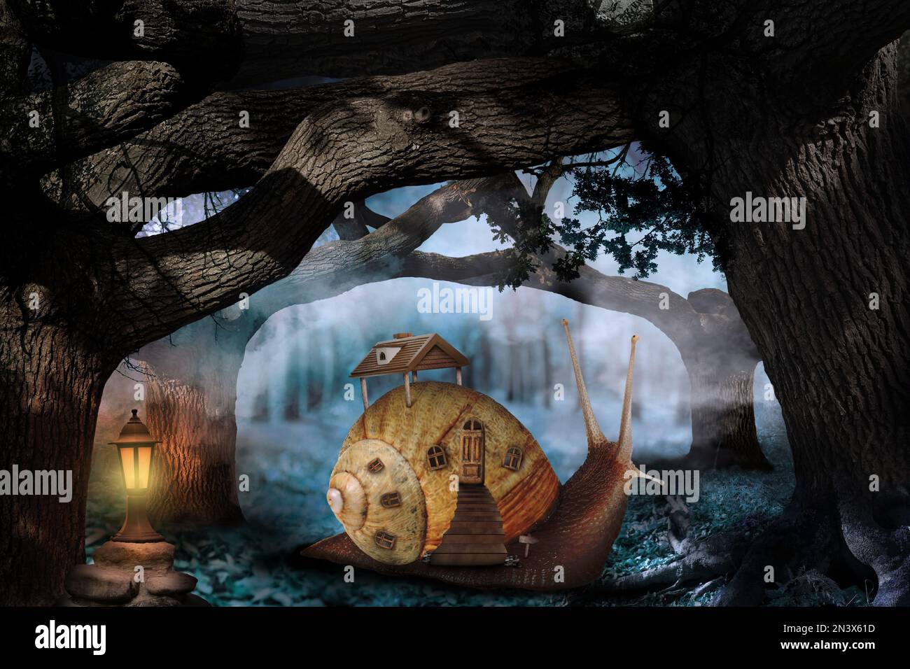 Fantasy world. Magic snail with its shell house moving in dark foggy ...